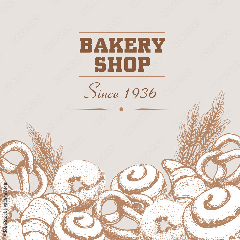 Bakery shop poster and banner template. Hand drawn bakery goods. Bagels ...