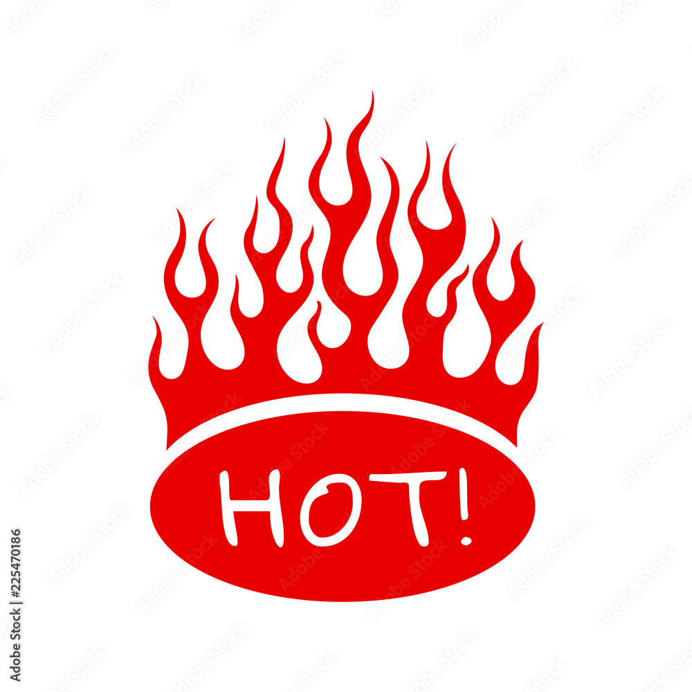 Cartoon hot food flames emblem. Vector illustration with red fire flame ...
