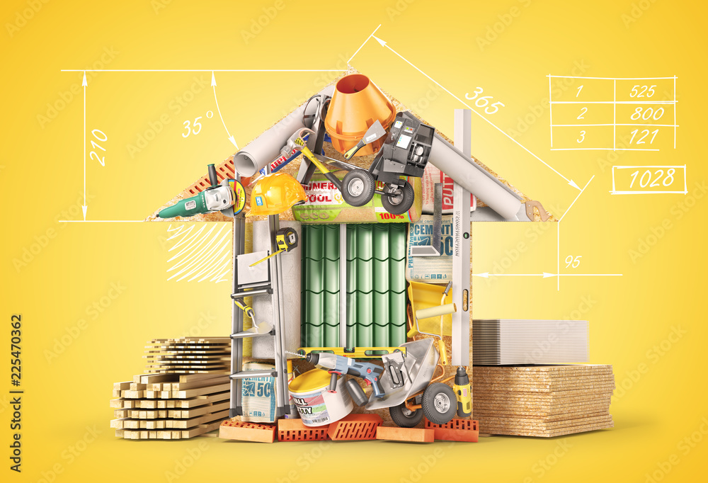 Construction concept. Building materials laid out form of house. 3d ...