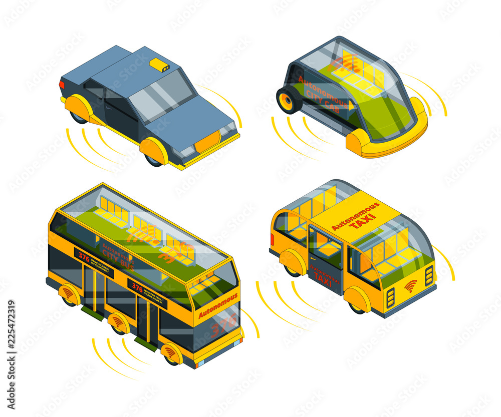 Future unmanned vehicle. Autonomous transport cars buses trucks and ...