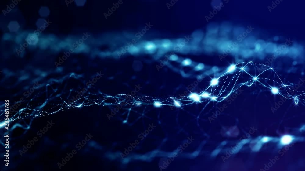 3d render loop sci-fi animation with glow particles form rolling ...