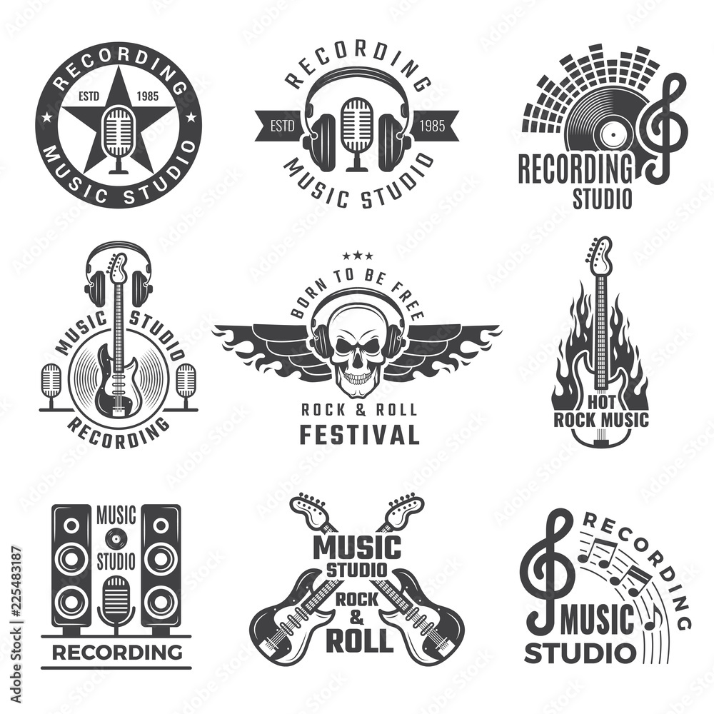 Music labels. Microphone big speaker drums and headphones vector ...