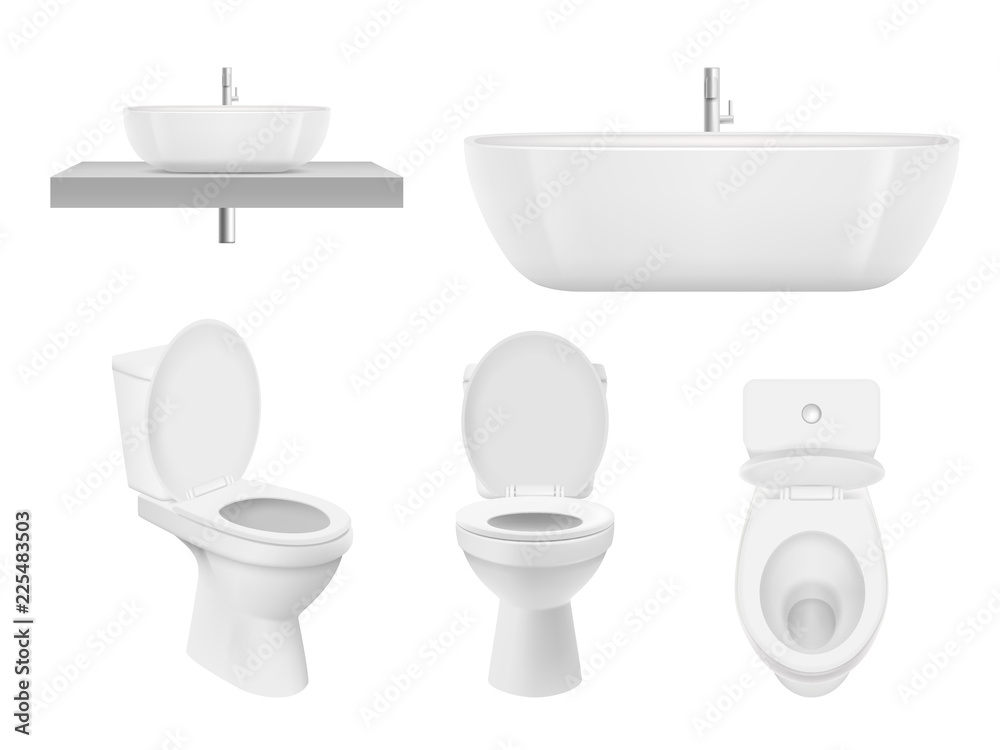 Realistic bathroom collection. Toilet, washing cabinet bowl bathroom ...