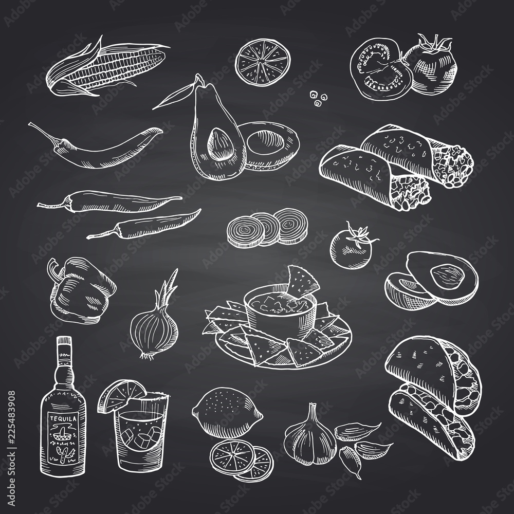 Vector sketched mexican food elements set on black chalkboard ...