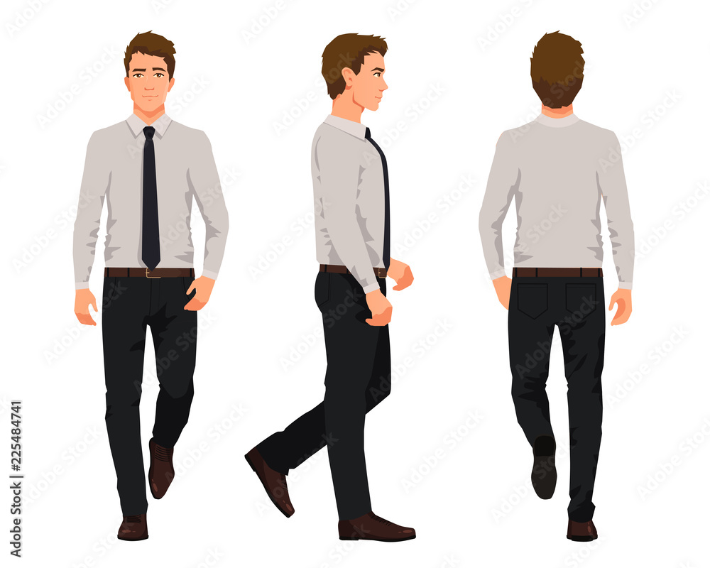 Vector illustration of three walking business men in official clothes ...