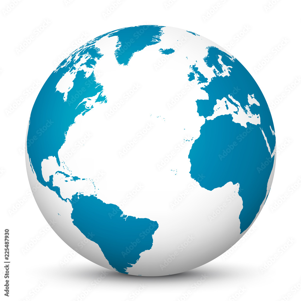 White 3D Globe Icon with Blue Continents and Atlantic Ocean in the ...