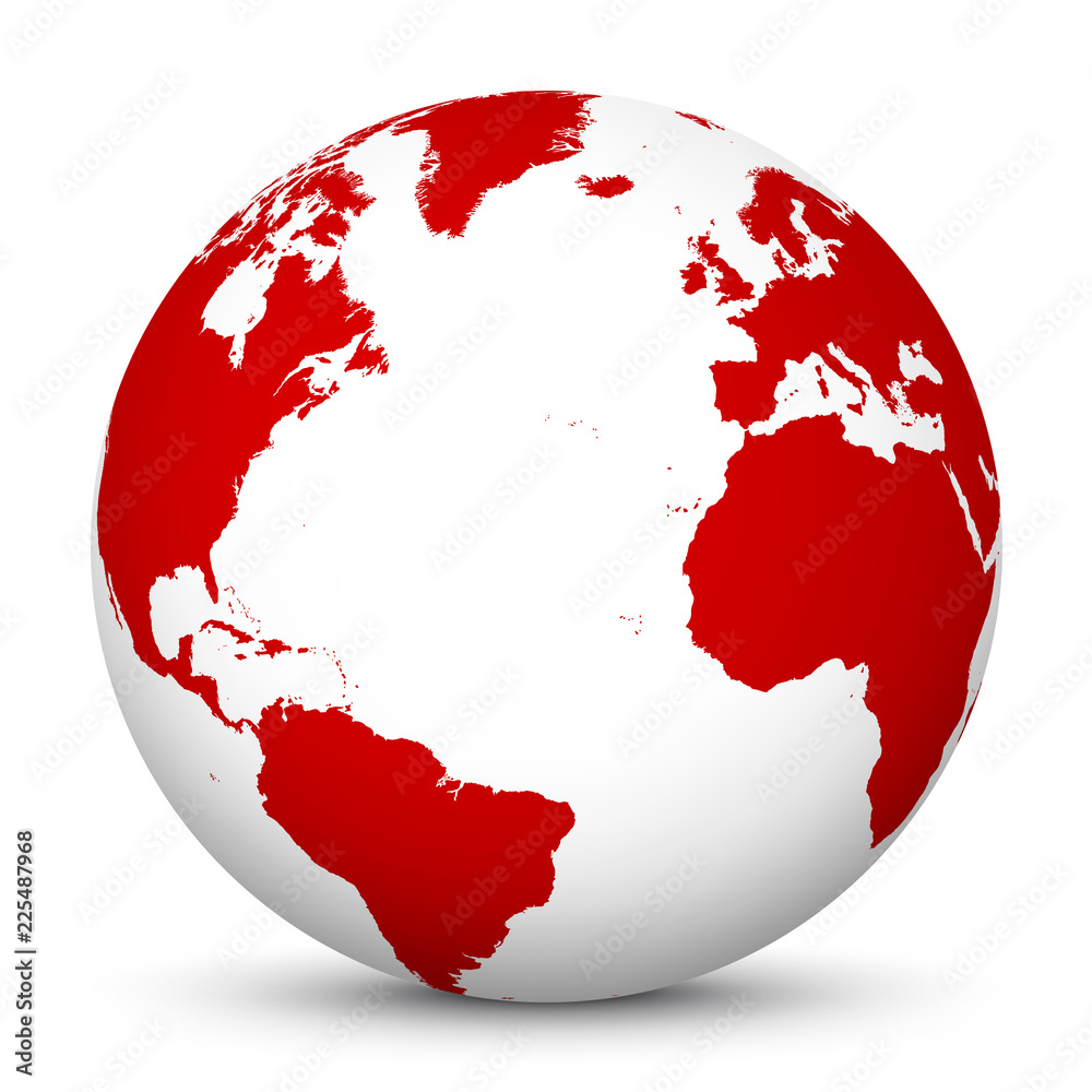 White 3D Globe Icon with Red Continents and Atlantic Ocean in the ...