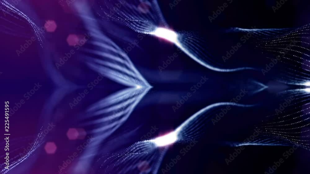 3d render loop sci-fi animation with glow particles form rolling strings structures. Seamless ...