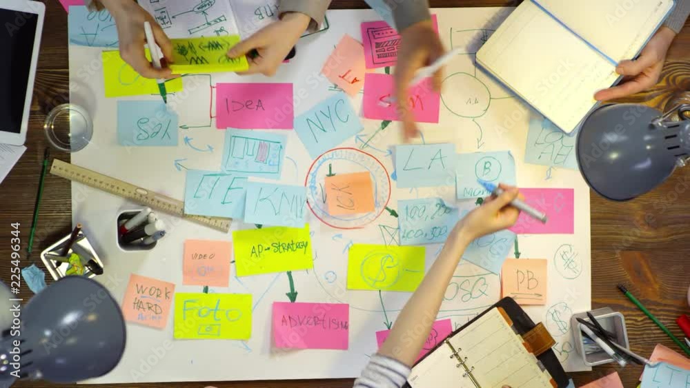 Timelapse of unrecognizable business people moving sticky notes with ...