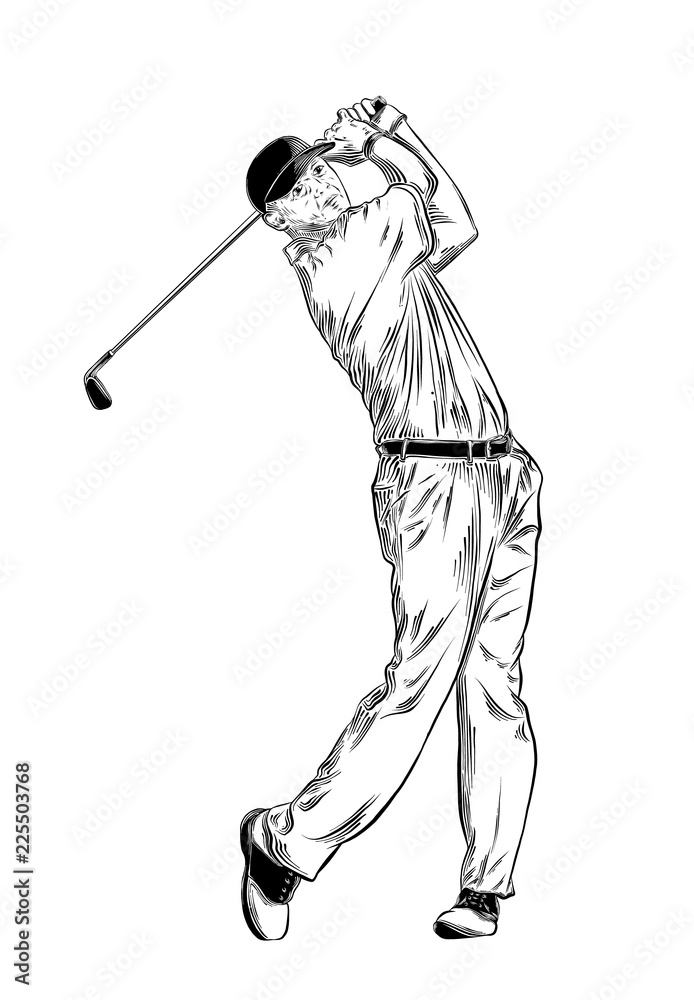 Hand drawn sketch of golfer in black isolated on white background ...