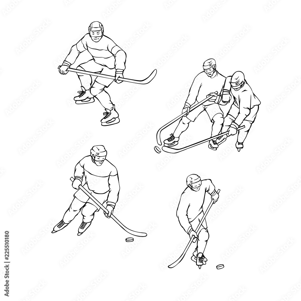 Vector set hockey player in sports uniform black white outline ...