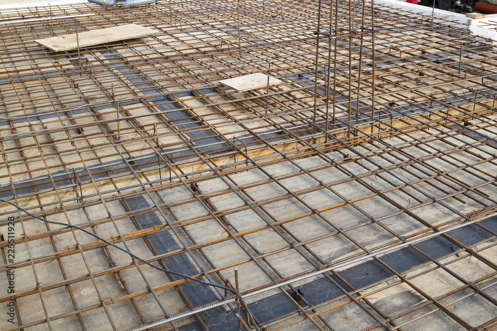 reinforcement of concrete with metal rods connected by wire. Stock ...