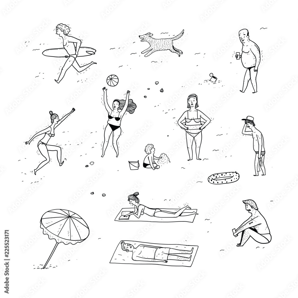 Collection of hand drawn people on the beach. Vector illustrations in ...