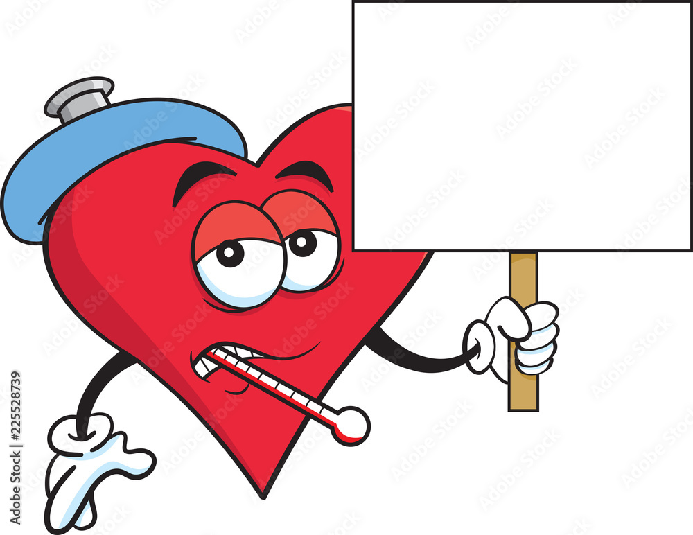 Cartoon illustration of a sick heart with a thermometer and holding a ...
