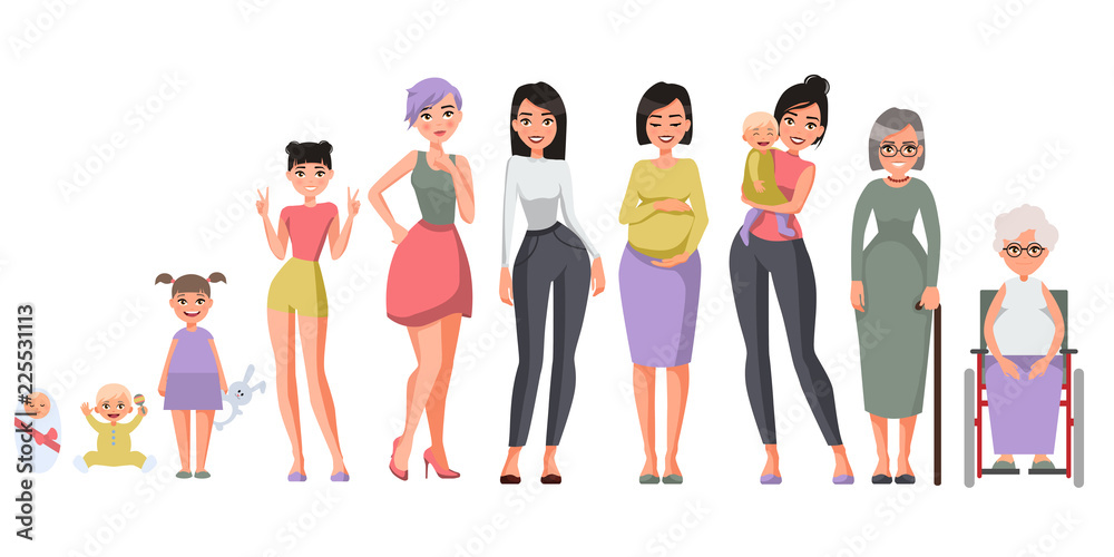 Character of a woman in different ages. A baby, a child, a teenager, an ...