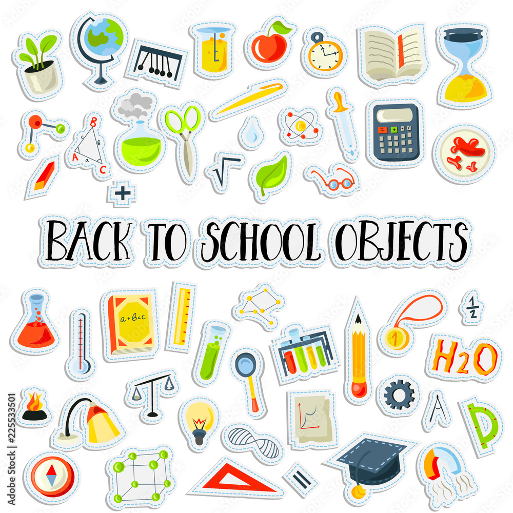 Colored Funny Back to School supplies, elements and objects. Autumn ...