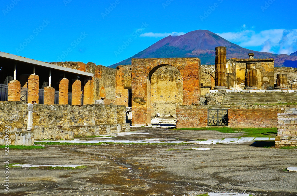 View of the roman ruins destroyed by the eruption of Mount Vesuvius ...