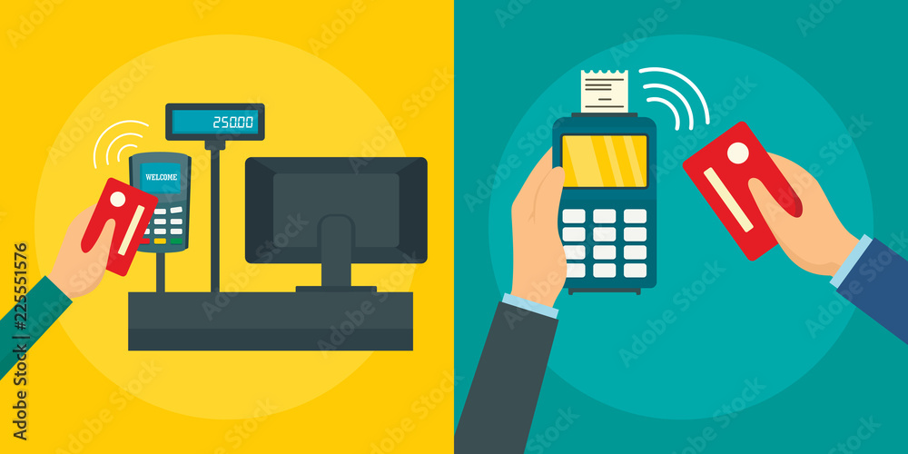 Bank terminal banner set. Flat illustration of bank terminal vector ...