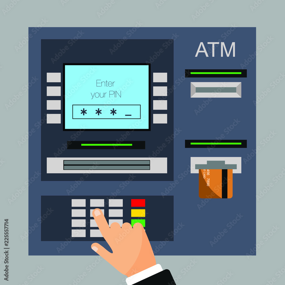 Flat design of ATM machine with credit card. Entered PIN. Withdrawing ...