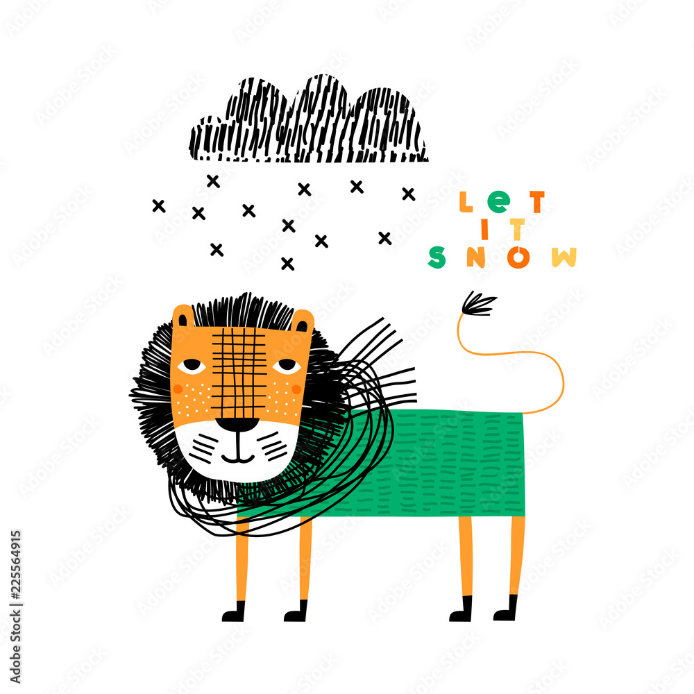 Cute cartoon lion looks at the snowfall. Vector Illustration. Can be ...