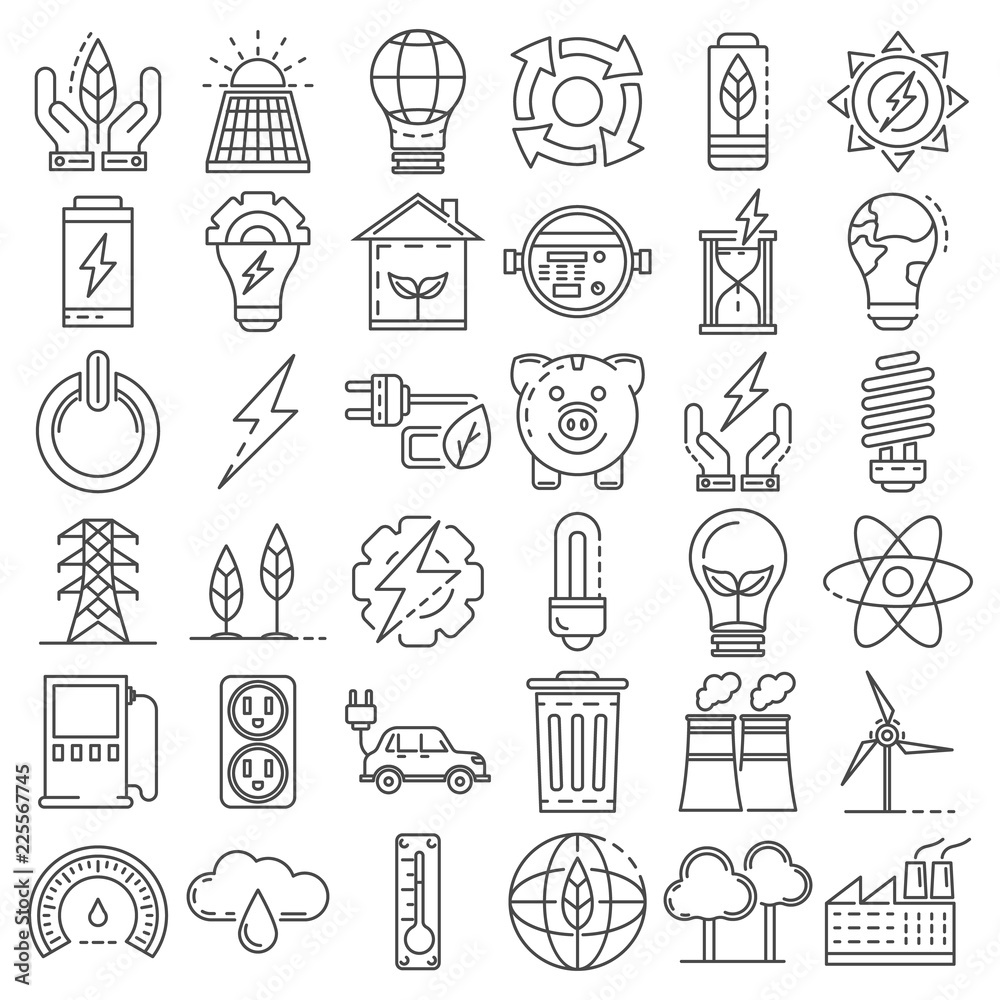 Energy saving icon set. Outline set of energy saving vector icons for ...