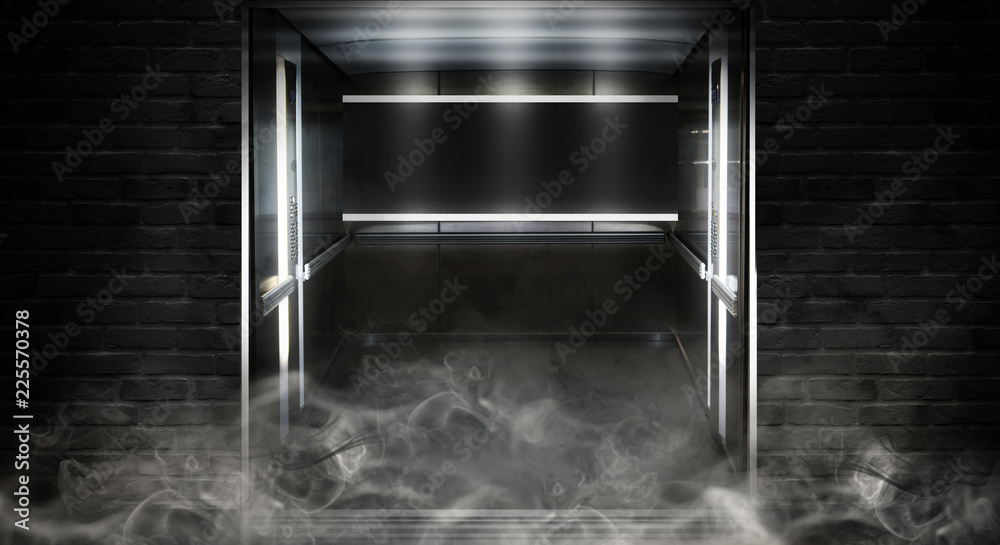 brick wall background, empty open elevator door, neon light, smoke ...