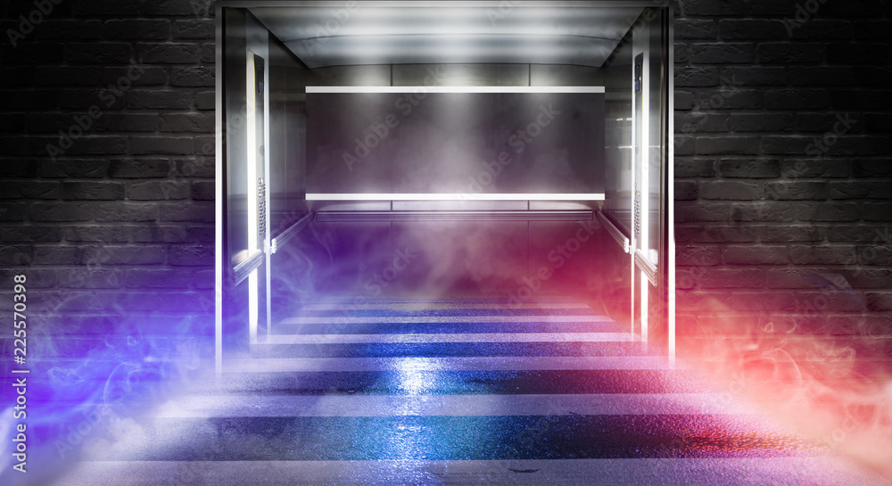 brick wall background, empty open elevator door, neon light, smoke ...