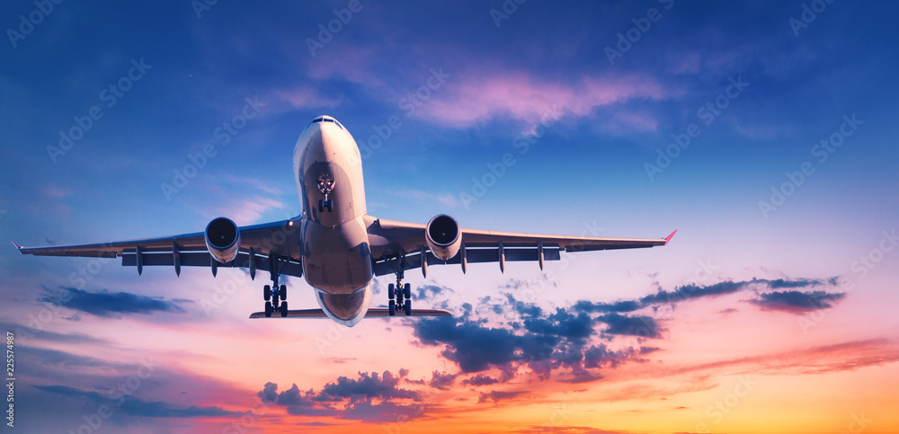 Landing airplane against colorful sky at sunset. Landscape with ...