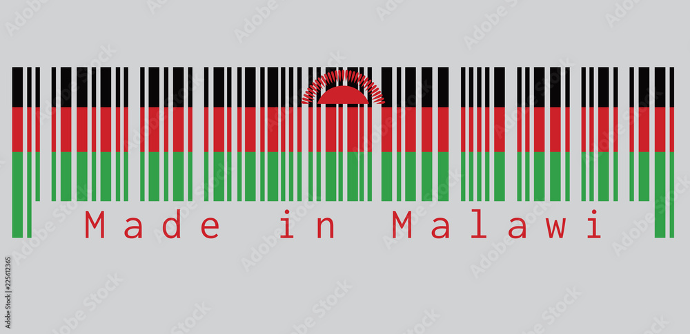 Barcode set the color of Malawi flag, black red and green; charged with ...