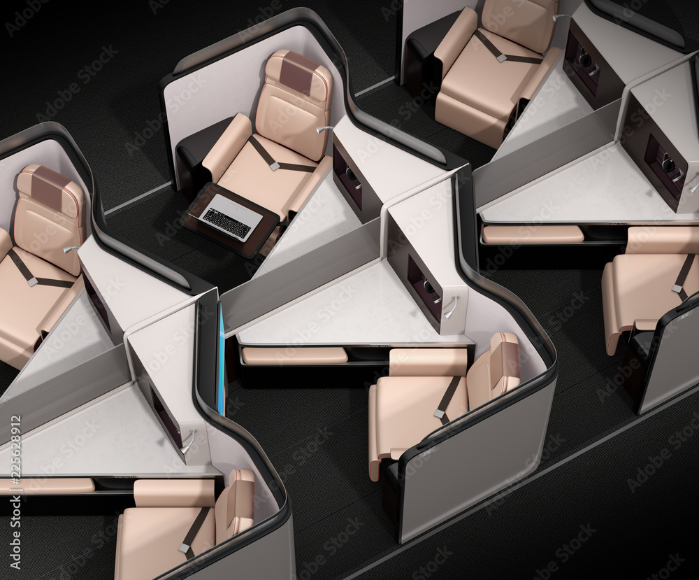 Luxury business class suites layout on black background. 3D rendering ...
