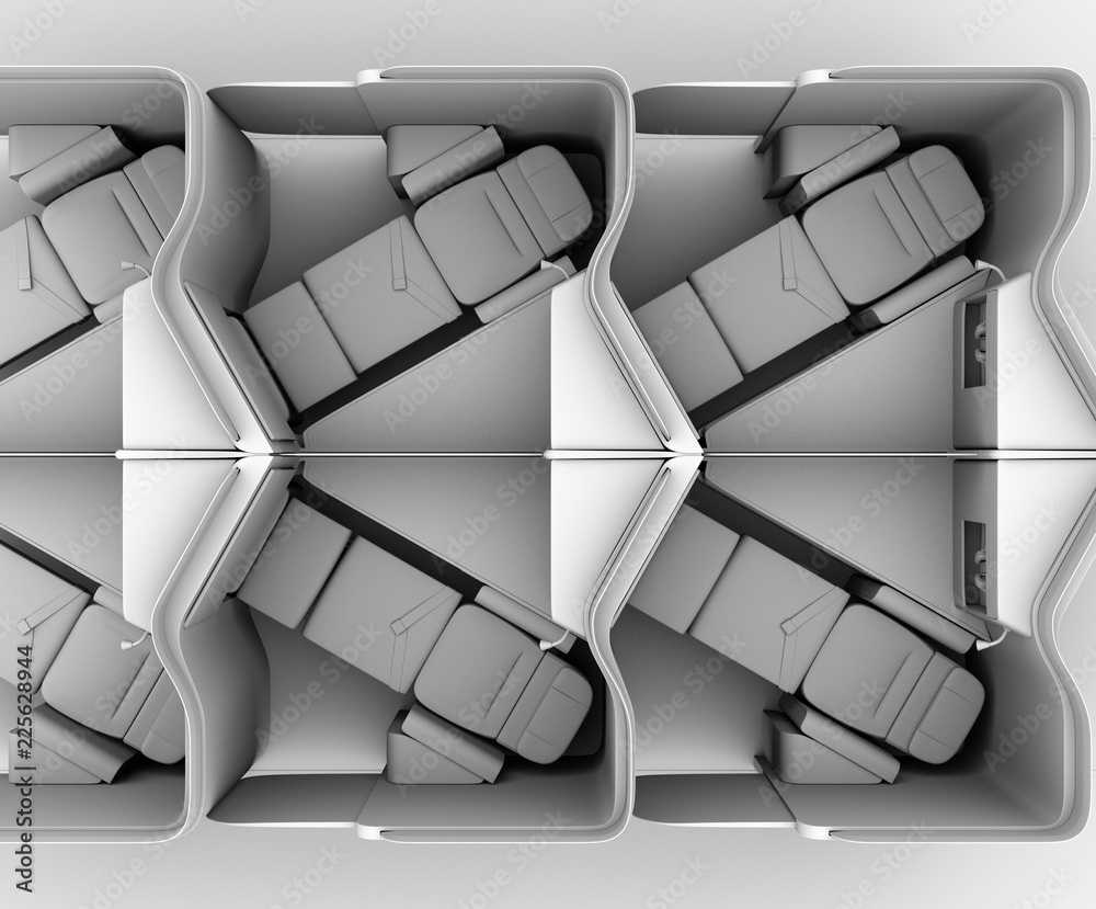 Clay rendering of luxury business class suites interior on black ...