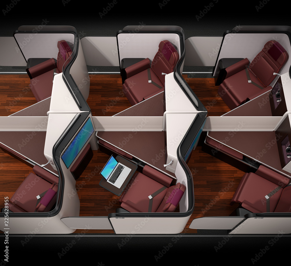 Side view of luxury business class suites interior on black background ...