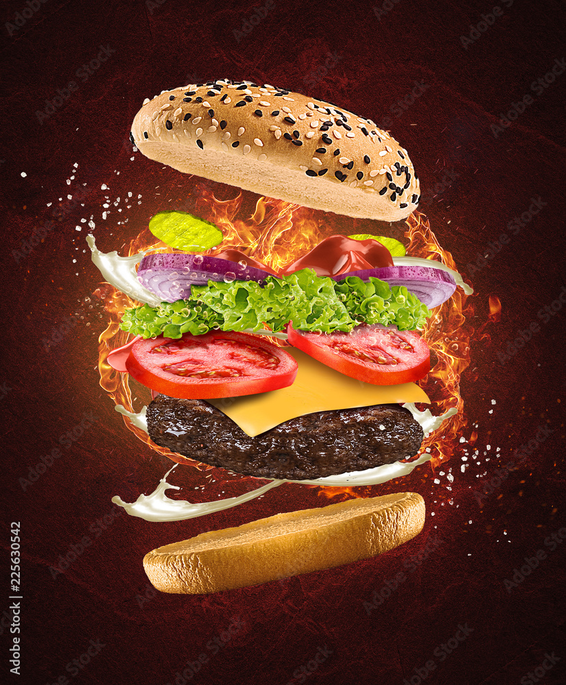 Foto de Red Burger Explosion do Stock | Adobe Stock
