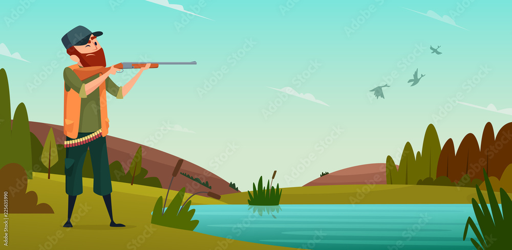 Duck hunting background. Cartoon illustration of hunter on hunt. Vector ...