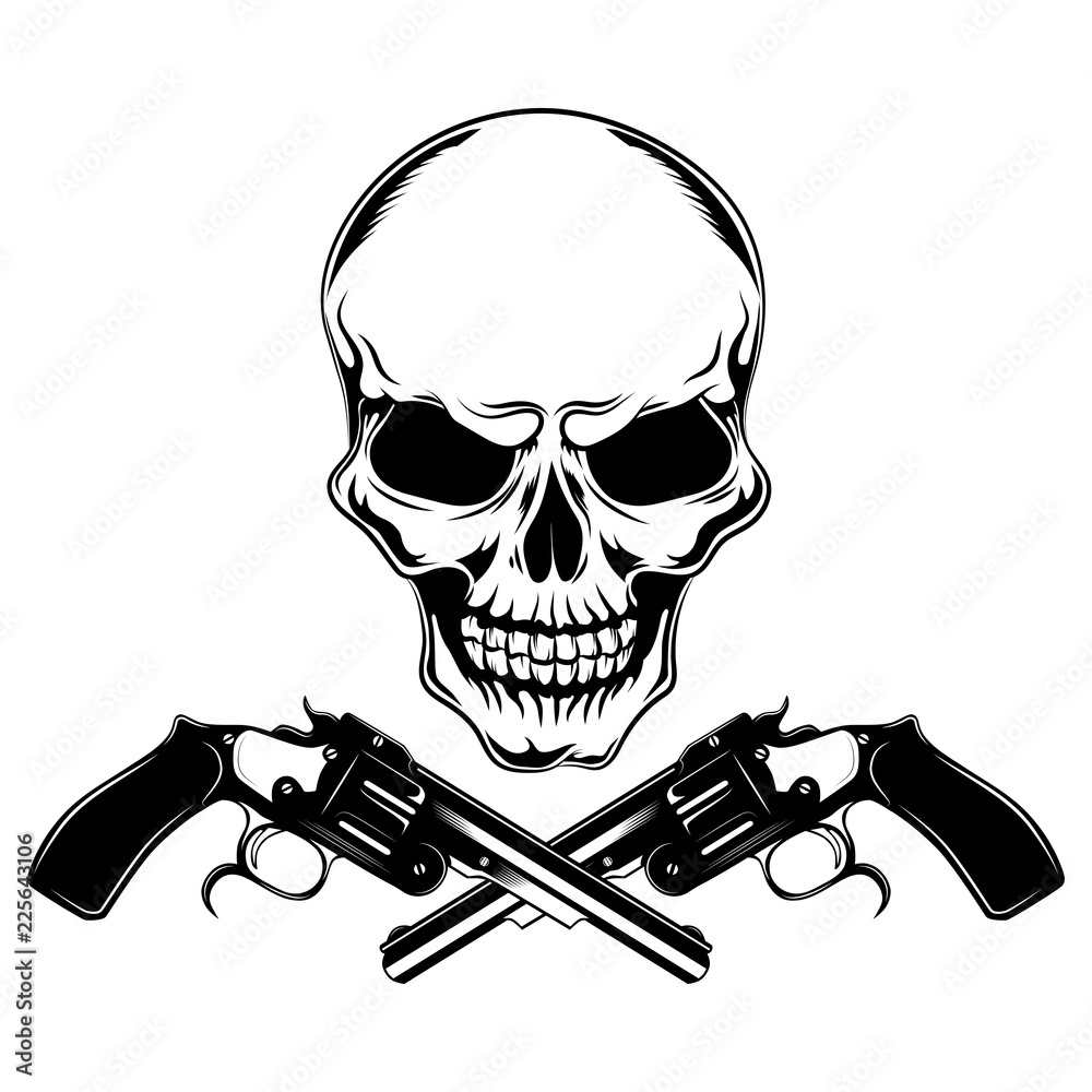 Black and white vector image of a skull with pistols on a white ...
