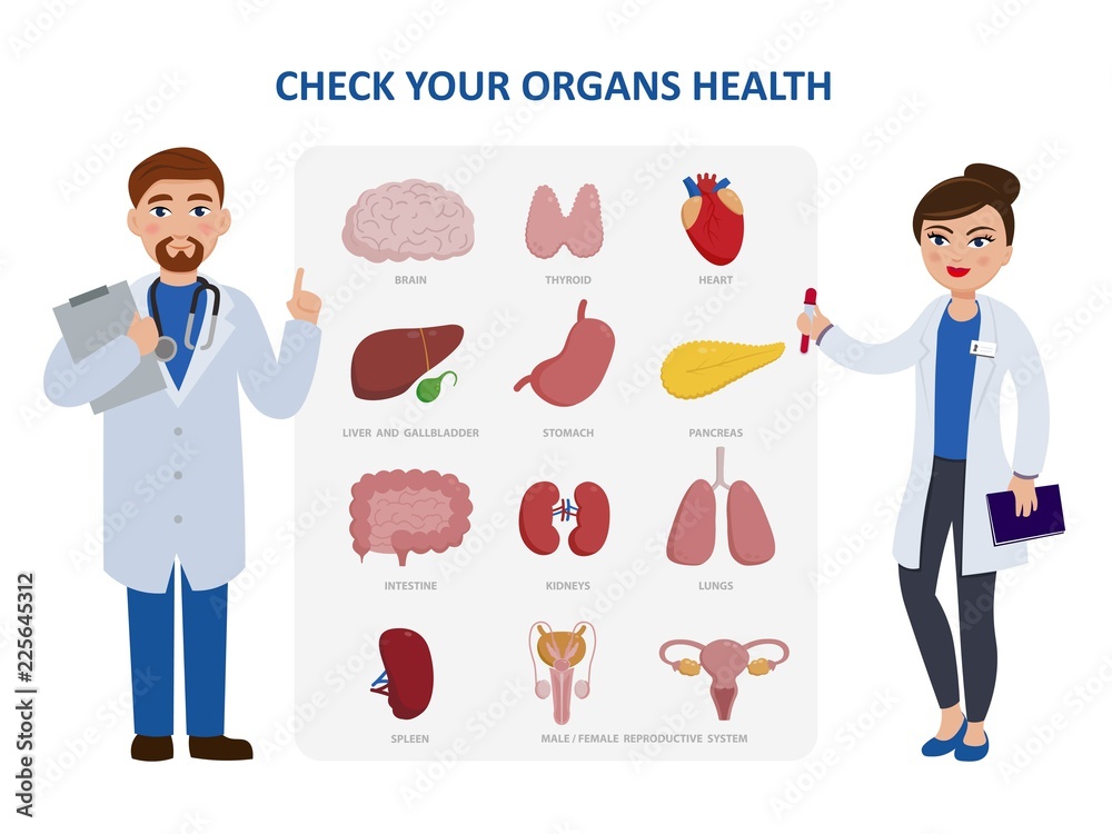Check your internal organs health poster including two doctors cartoon ...