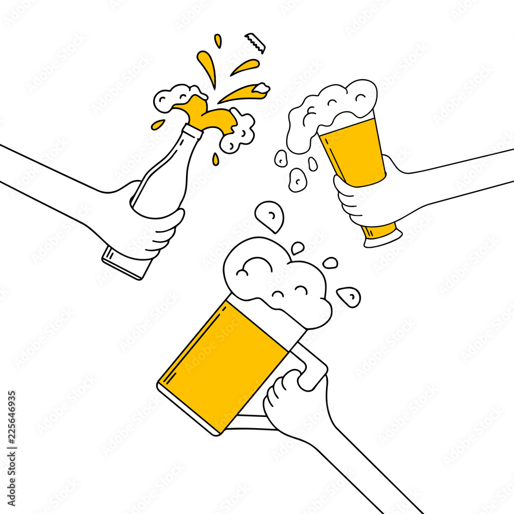 Three hands clinking beer mug, glass and bottle with spilled foam on a ...