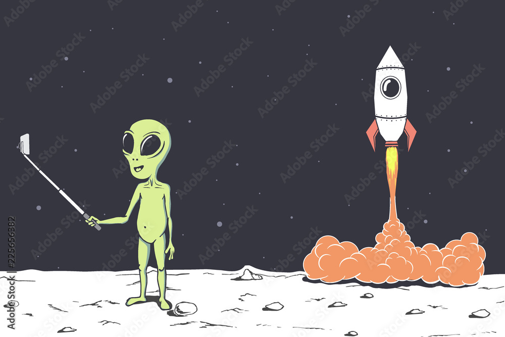 alien photographs himself on Moon against the background of a rocket ...