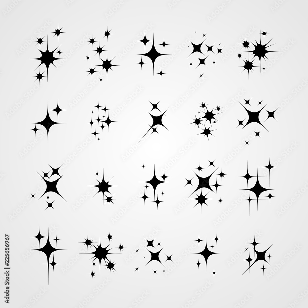 Set of star sparkling and twinkling cartoon. Black glittering star ...