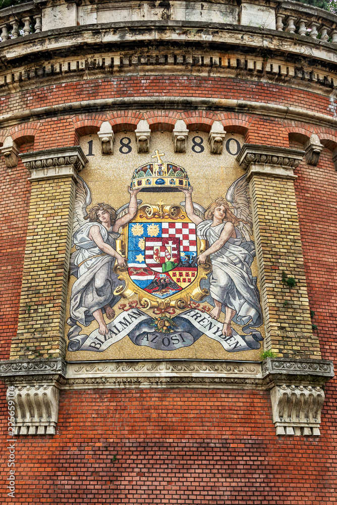 Ancient mosaic coat of arms of Kingdom of Hungary in Budapest Stock ...