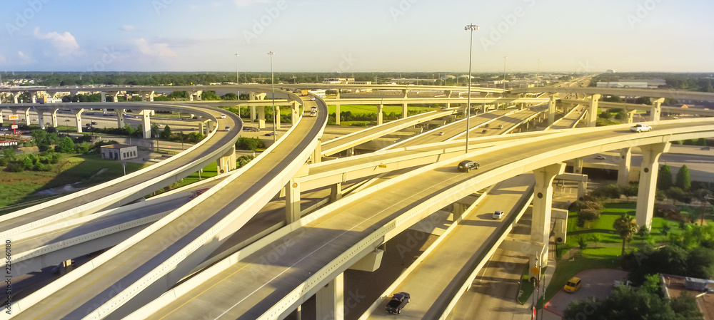 Panorama horizontal aerial view massive highway intersection, stack ...