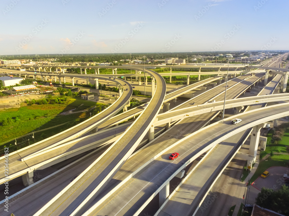 Horizontal aerial view massive highway intersection, stack interchange ...