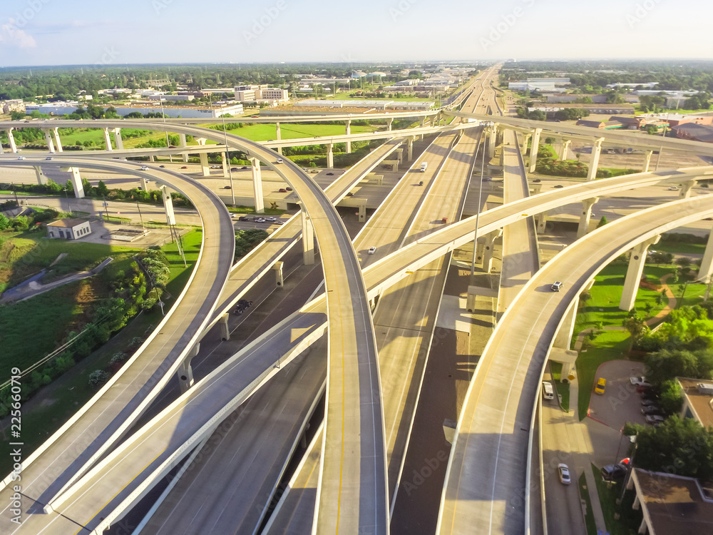 Horizontal aerial view massive highway intersection, stack interchange ...