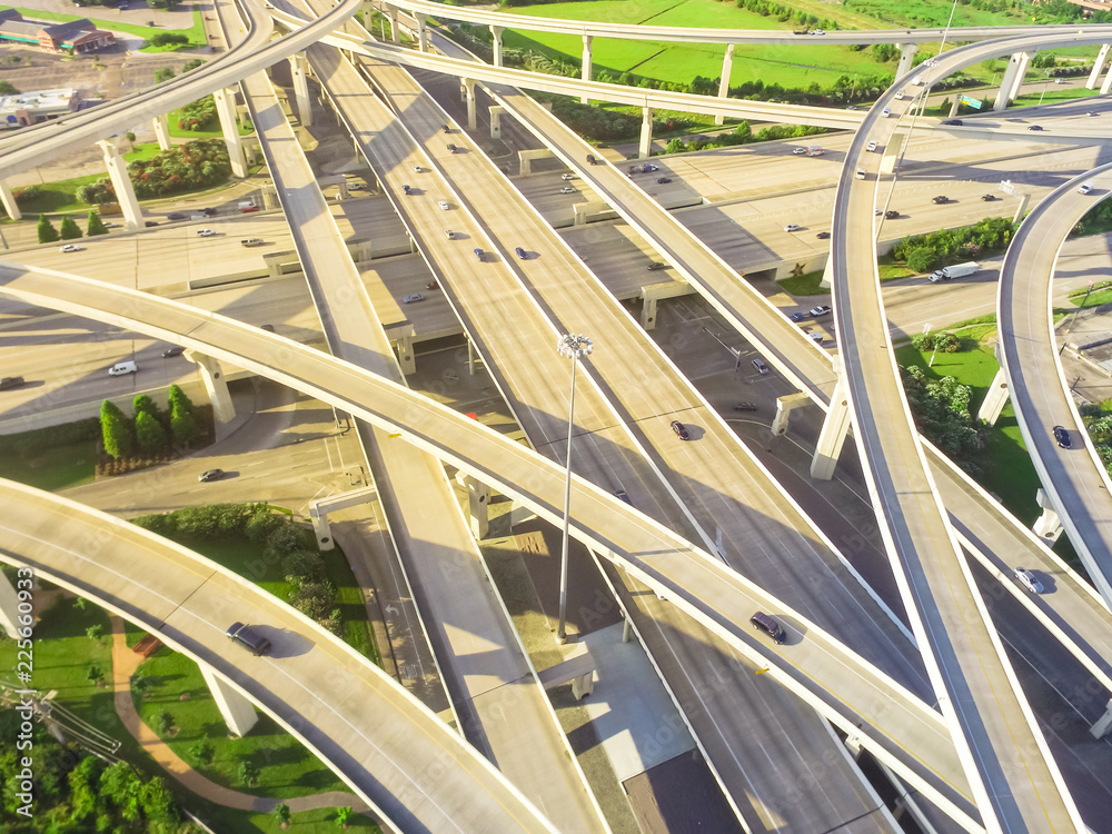 Vertical aerial view massive highway intersection, stack interchange at ...