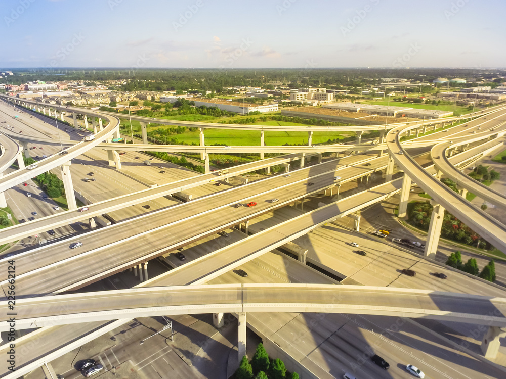 Horizontal aerial view massive highway intersection, stack interchange ...