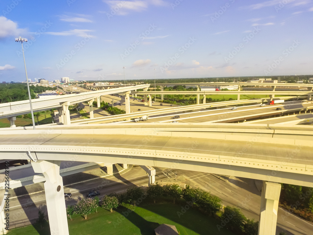 Horizontal aerial view massive highway intersection, stack interchange ...