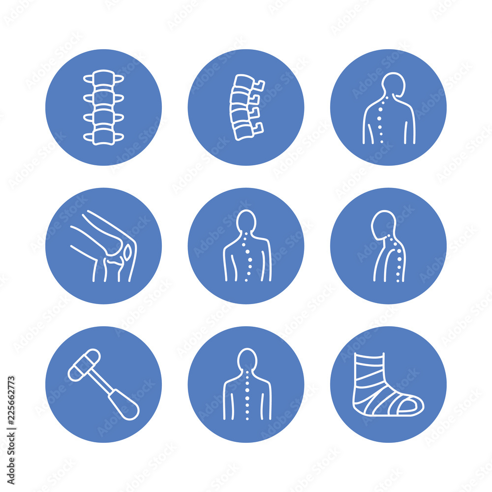 Spine, backbone line icons. Orthopedics clinic, medical rehab, back ...