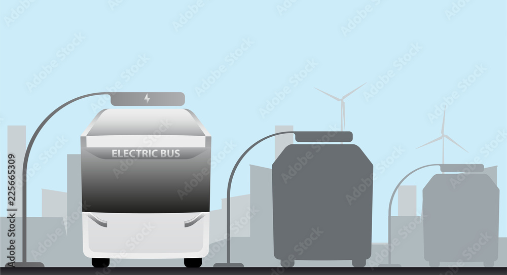 Futuristic electric bus at a stop is charged by pantograph. Two buses ...