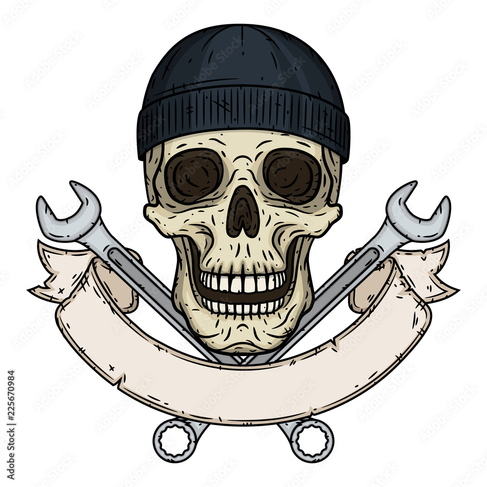 Skull with tools. Skull with crossed wrenches, bone and ribbon for your ...