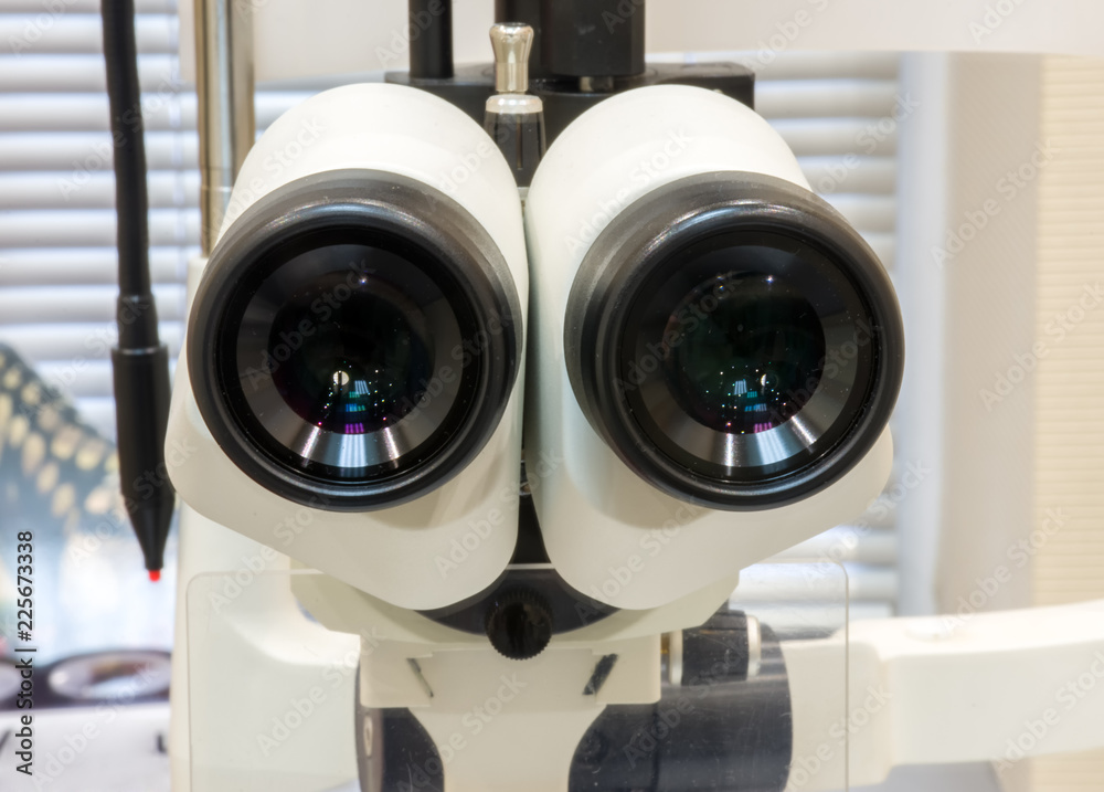 Eyepieces of ophthalmologic device slit lamp closeup in Office of ...